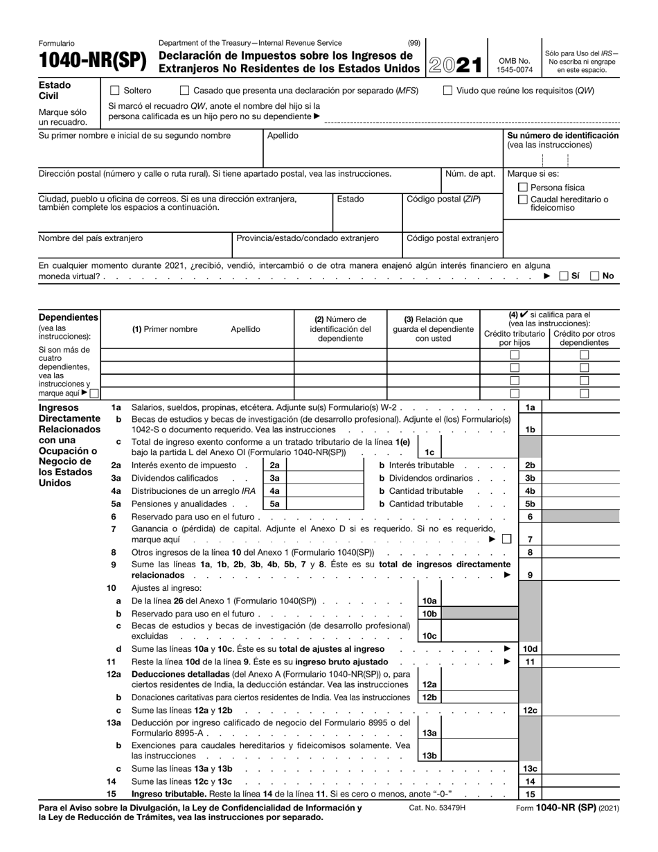 IRS Formulario 1040-NR(SP) - 2021 - Fill Out, Sign Online and Download Fillable PDF (Spanish ...