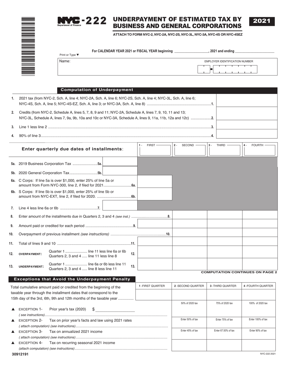 Form NYC-222 - 2021 - Fill Out, Sign Online and Download Printable PDF ...
