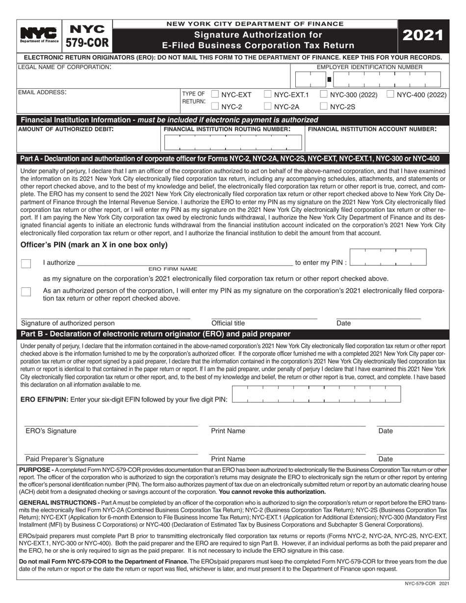 Form NYC-579-COR - 2021 - Fill Out, Sign Online and Download Printable ...