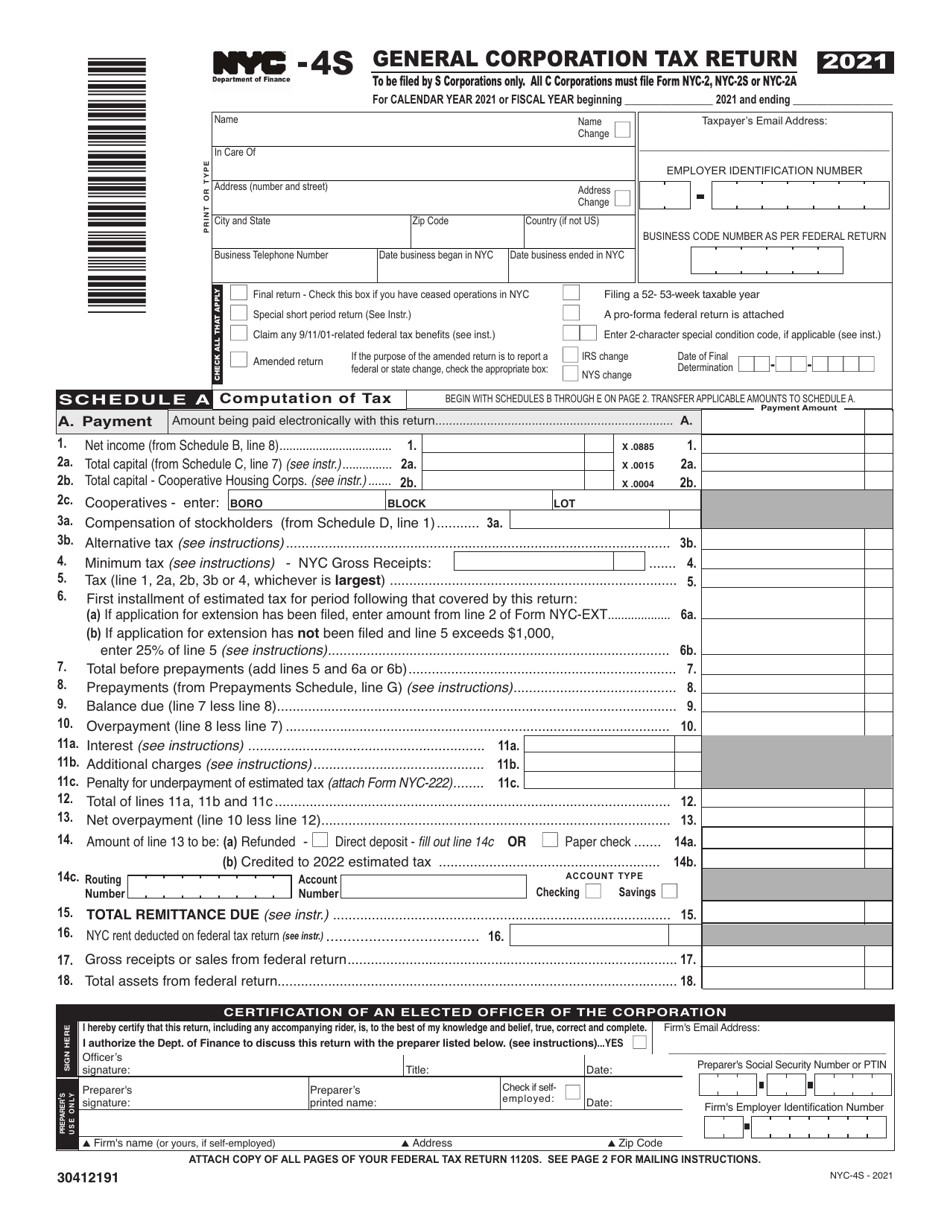 Form NYC-4S - 2021 - Fill Out, Sign Online and Download Printable PDF ...