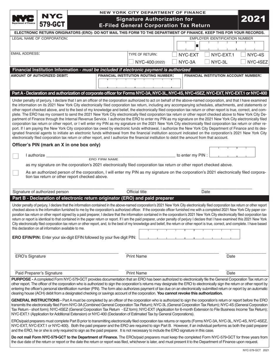 Form NYC-579-GCT - 2021 - Fill Out, Sign Online and Download Printable ...