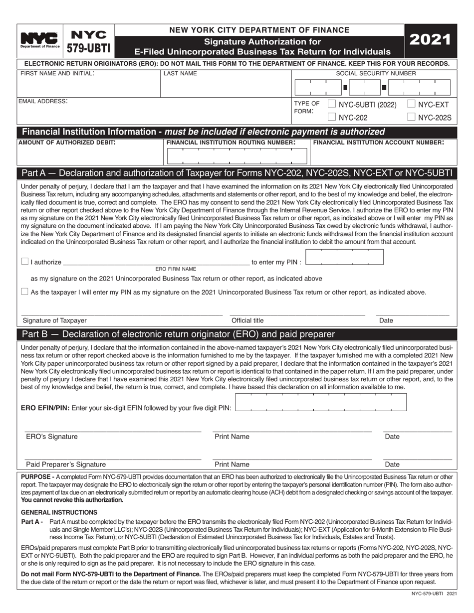 Form NYC-579-UBTI - 2021 - Fill Out, Sign Online and Download Printable ...