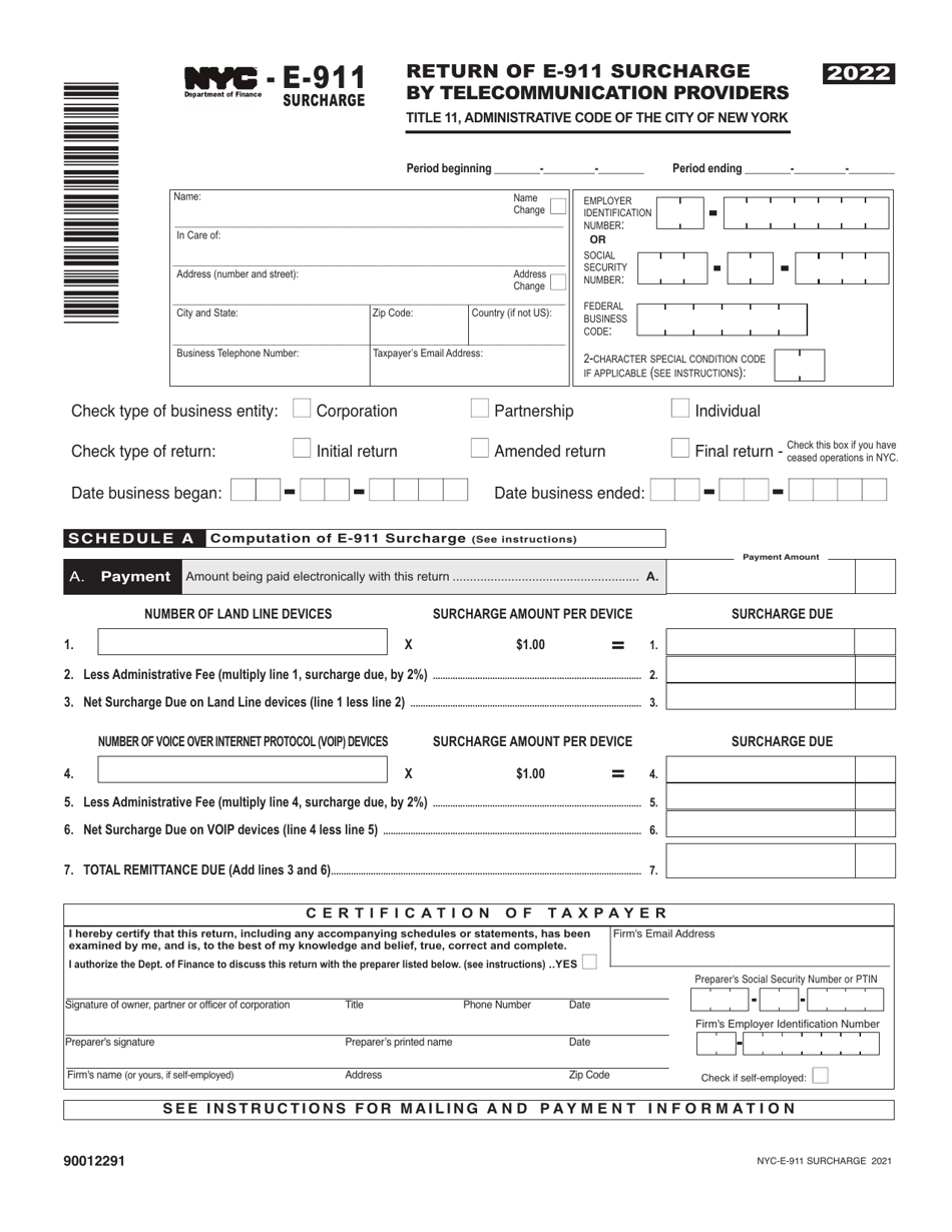 Form NYC-E-911 Download Printable PDF or Fill Online Return of E-911 ...