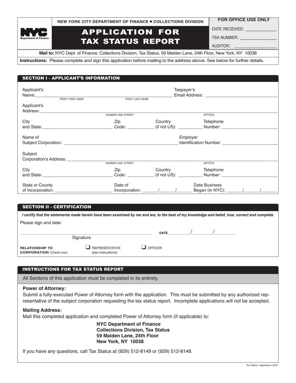New York City Application for Tax Status Report - Fill Out, Sign Online ...