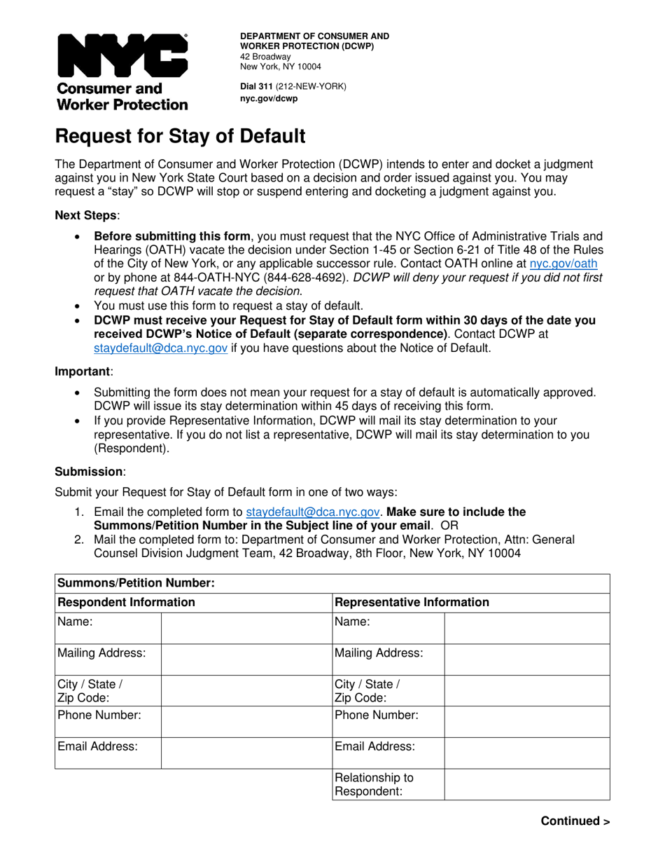 New York City Request for Stay of Default - Fill Out, Sign Online and ...