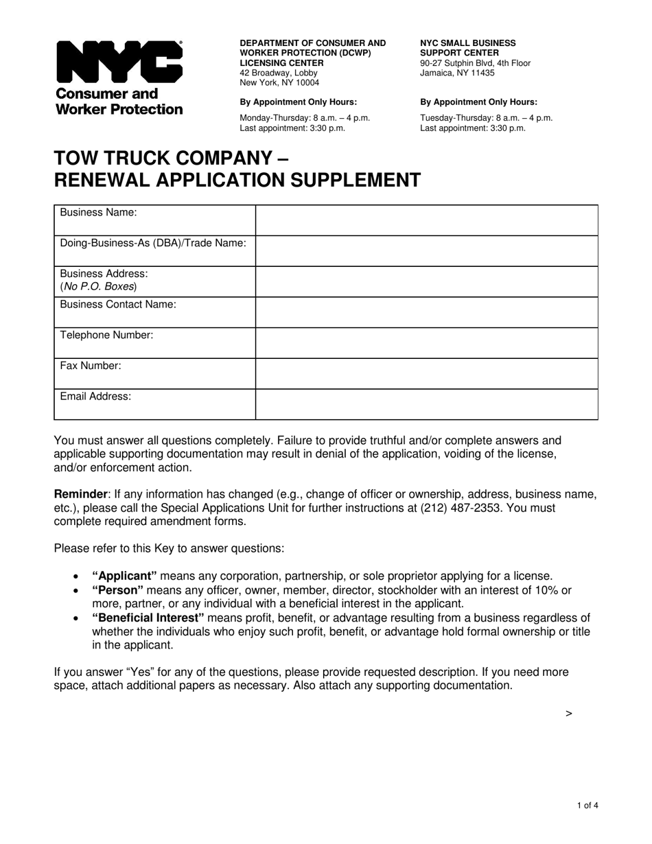 New York City Tow Truck Company - Renewal Application Supplement - Fill ...