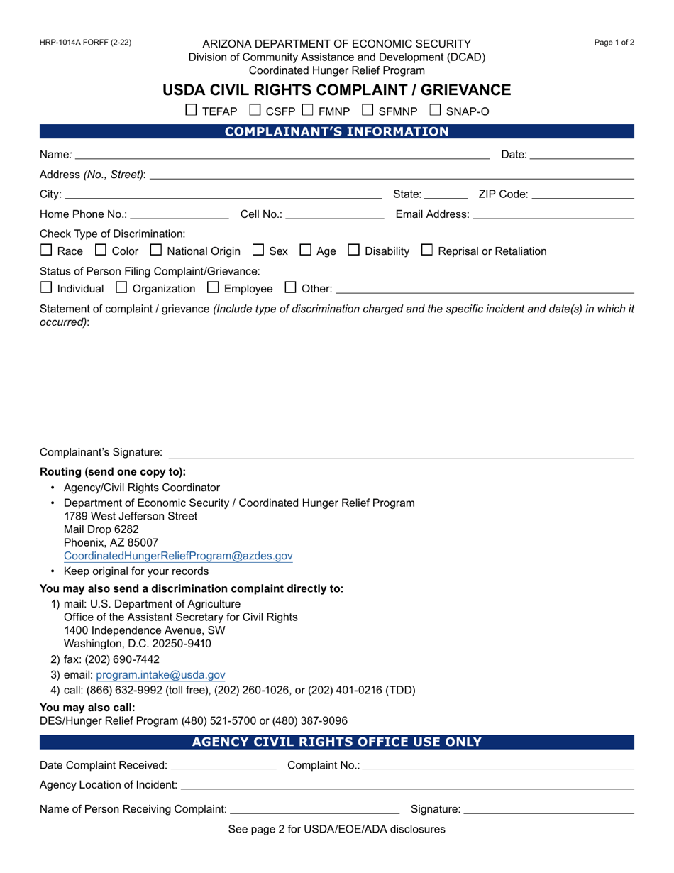 Form HRP-1014A Download Fillable PDF or Fill Online Usda Civil Rights ...