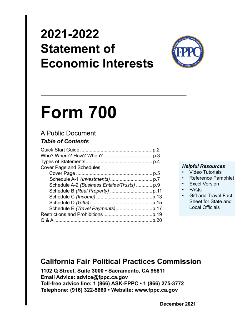 FPPC Form 700 - 2022 - Fill Out, Sign Online and Download Fillable PDF ...