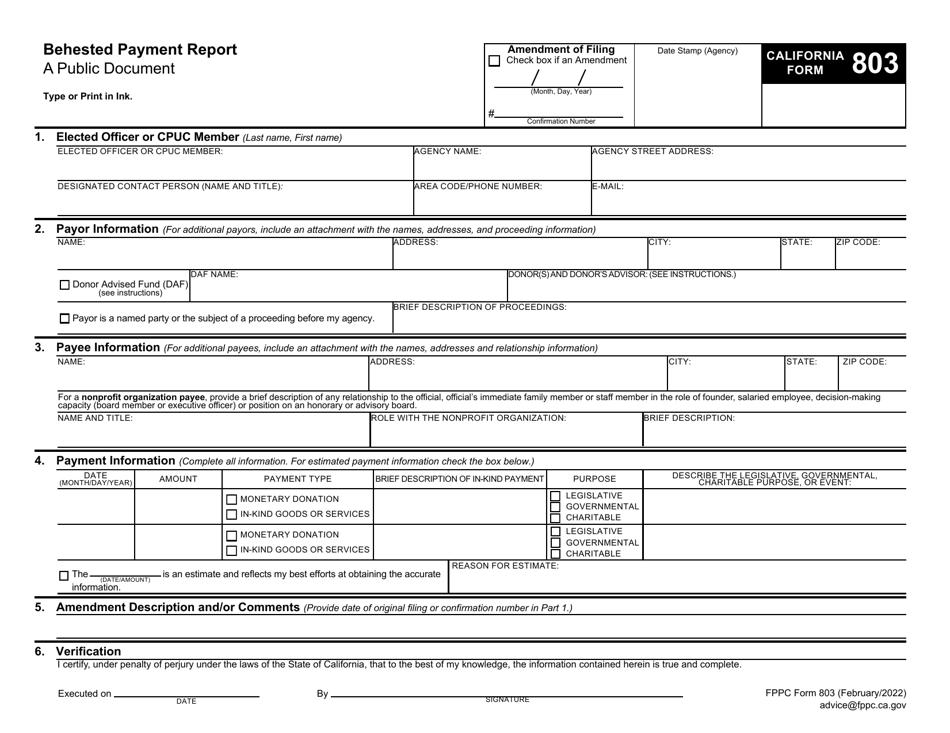 FPPC Form 803 Download Fillable PDF or Fill Online Behested Payment ...