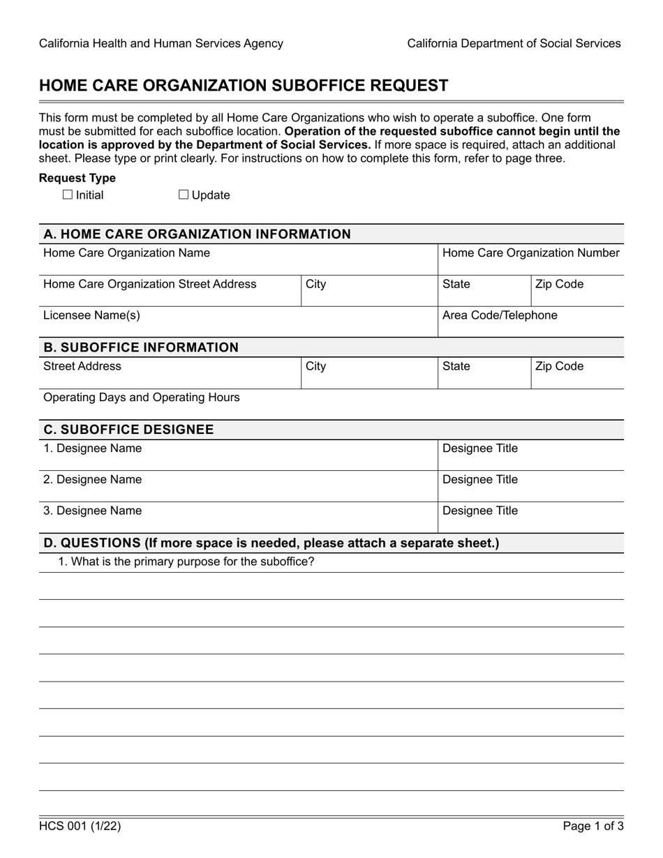 Form HCS001 Download Fillable PDF or Fill Online Home Care Organization ...