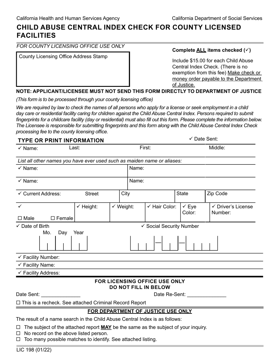 Form LIC198 Download Fillable PDF or Fill Online Child Abuse Central ...