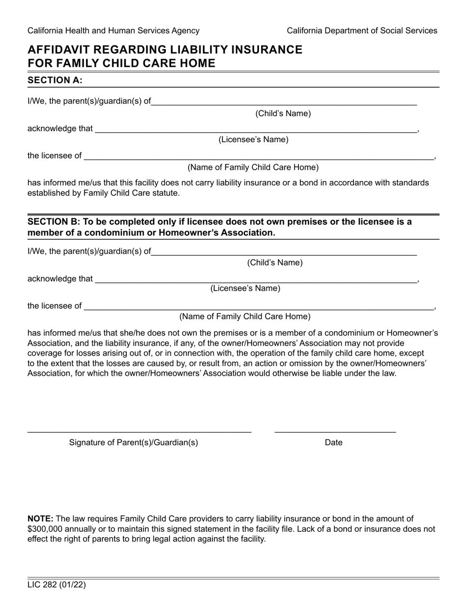 Form LIC282 Download Fillable PDF or Fill Online Affidavit Regarding Liability Insurance for ...
