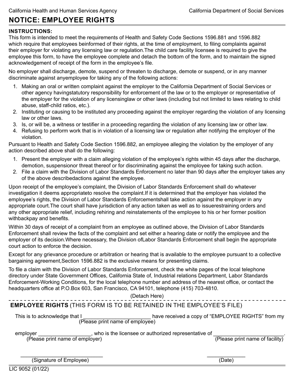 Form LIC9052 Download Fillable PDF or Fill Online Notice: Employee ...