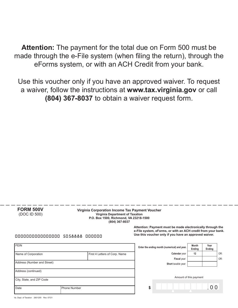 Form 500V - Fill Out, Sign Online and Download Fillable PDF, Virginia ...