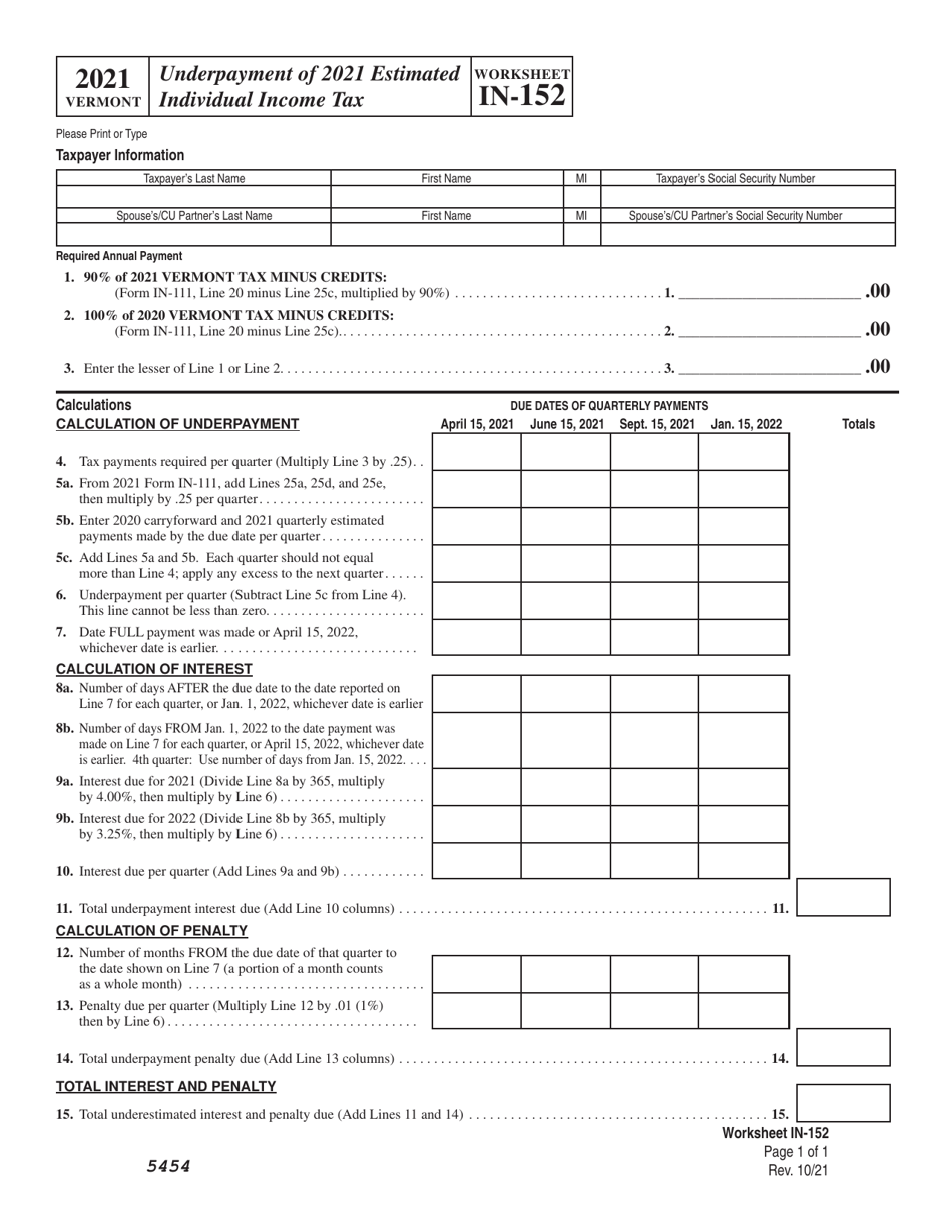 Worksheet IN-152 Download Printable PDF or Fill Online Underpayment of ...