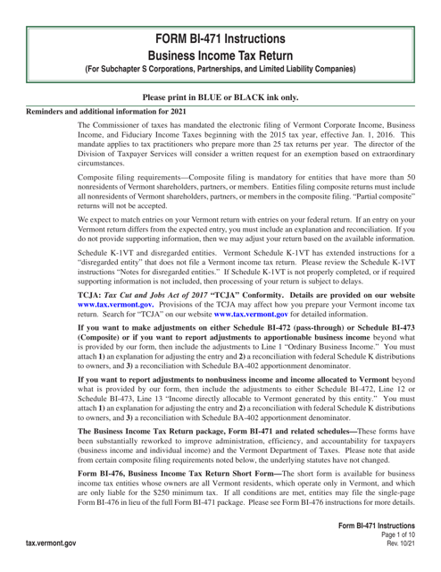 Download Instructions for Form BI-471 Vermont Business Income Tax Return PDF | Templateroller