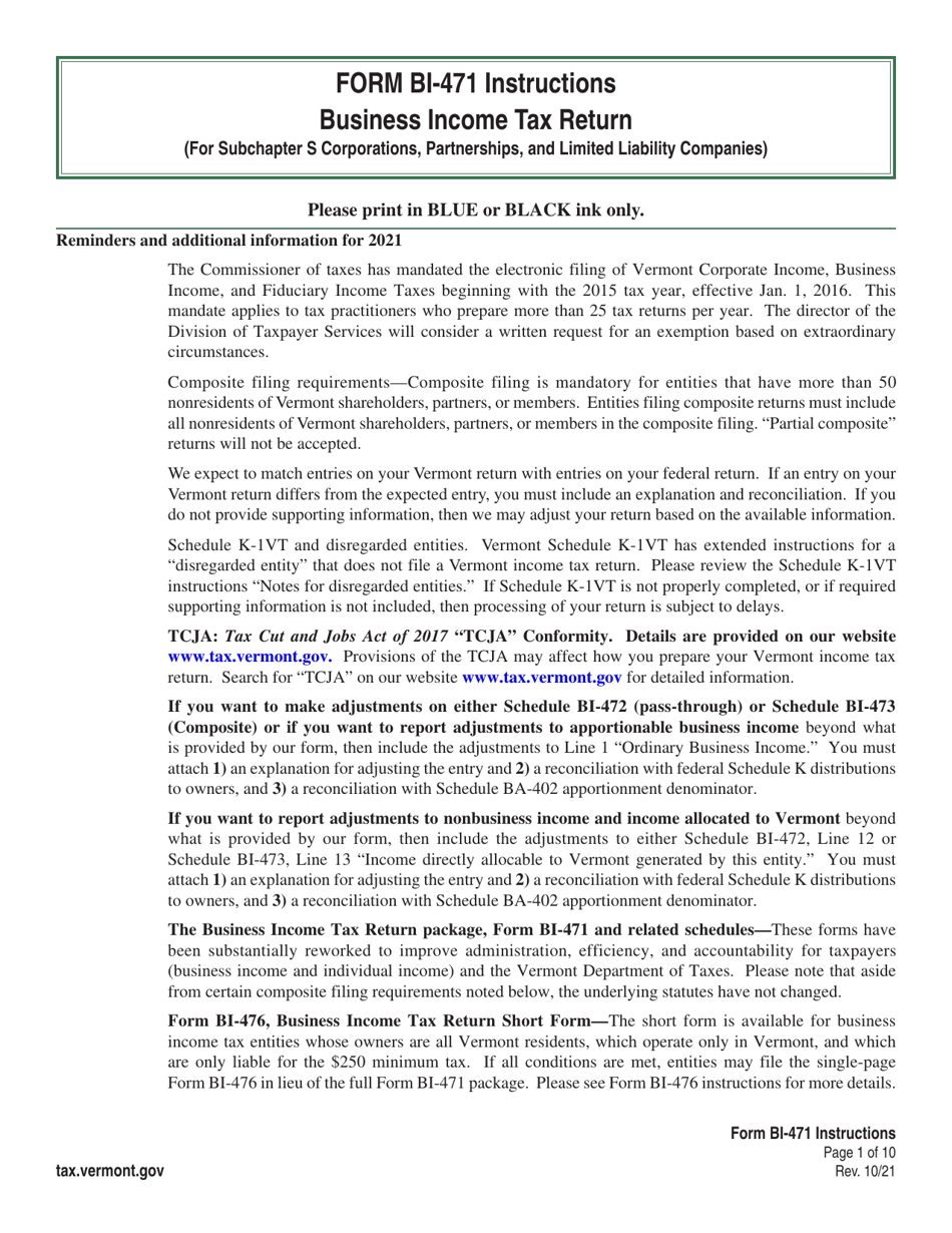 Download Instructions for Form BI-471 Vermont Business Income Tax Return PDF | Templateroller