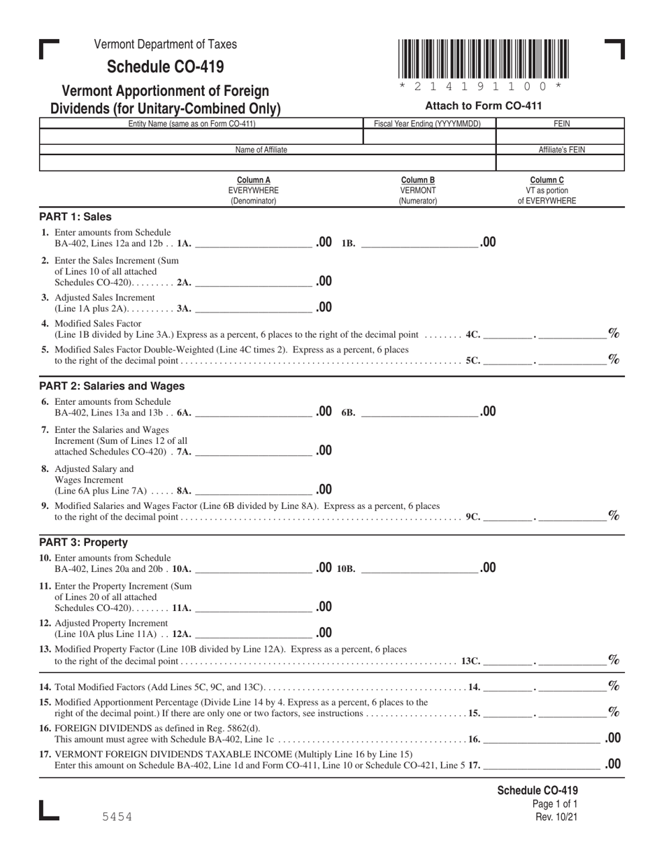 Vermont Vermont Apportionment of Foreign Dividends (For Unitary ...