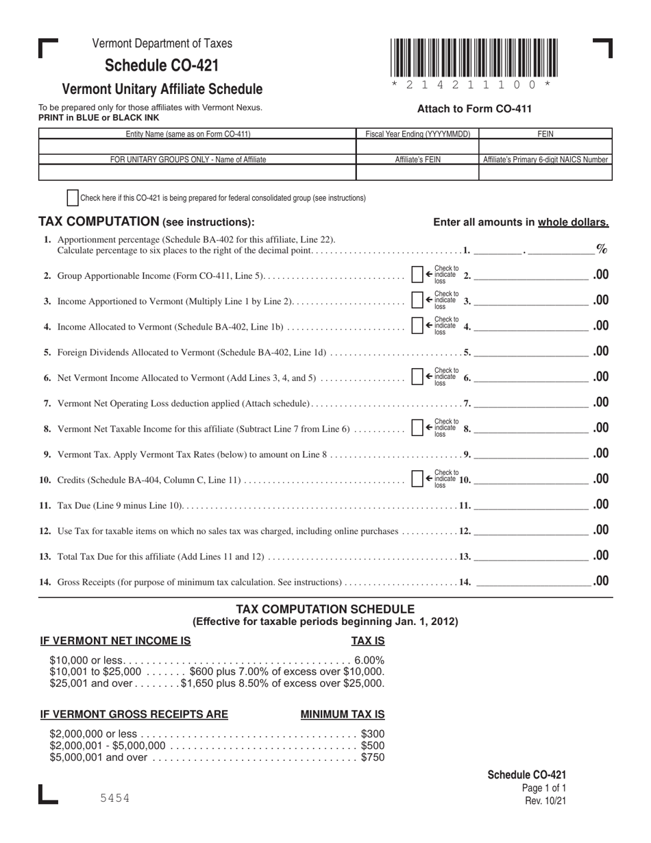 Vermont Vermont Unitary Affiliate Schedule - Fill Out, Sign Online and ...