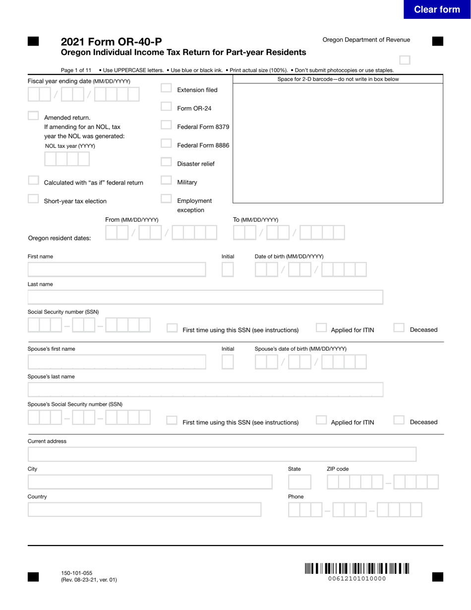 Form OR-40-P (150-101-055) - 2021 - Fill Out, Sign Online and Download ...