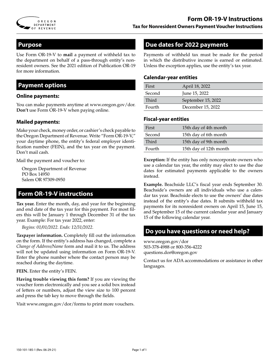 Download Instructions for Form OR-19-V, 150-101-185 Tax for Nonresident ...