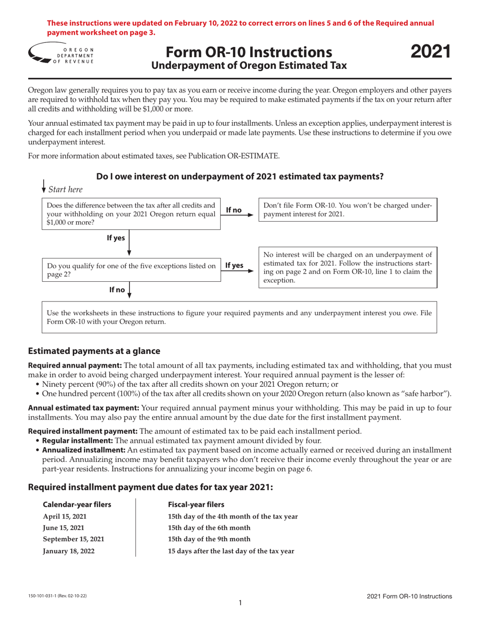 Download Instructions for Form OR-10, 150-101-031 Underpayment of ...