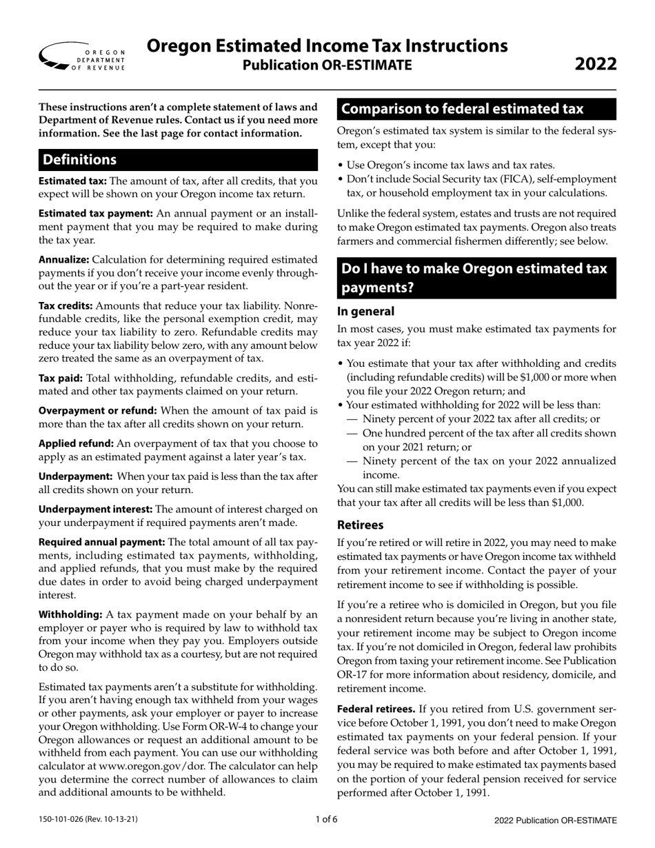 Form OR-ESTIMATE (150-101-026) - 2022 - Fill Out, Sign Online and ...