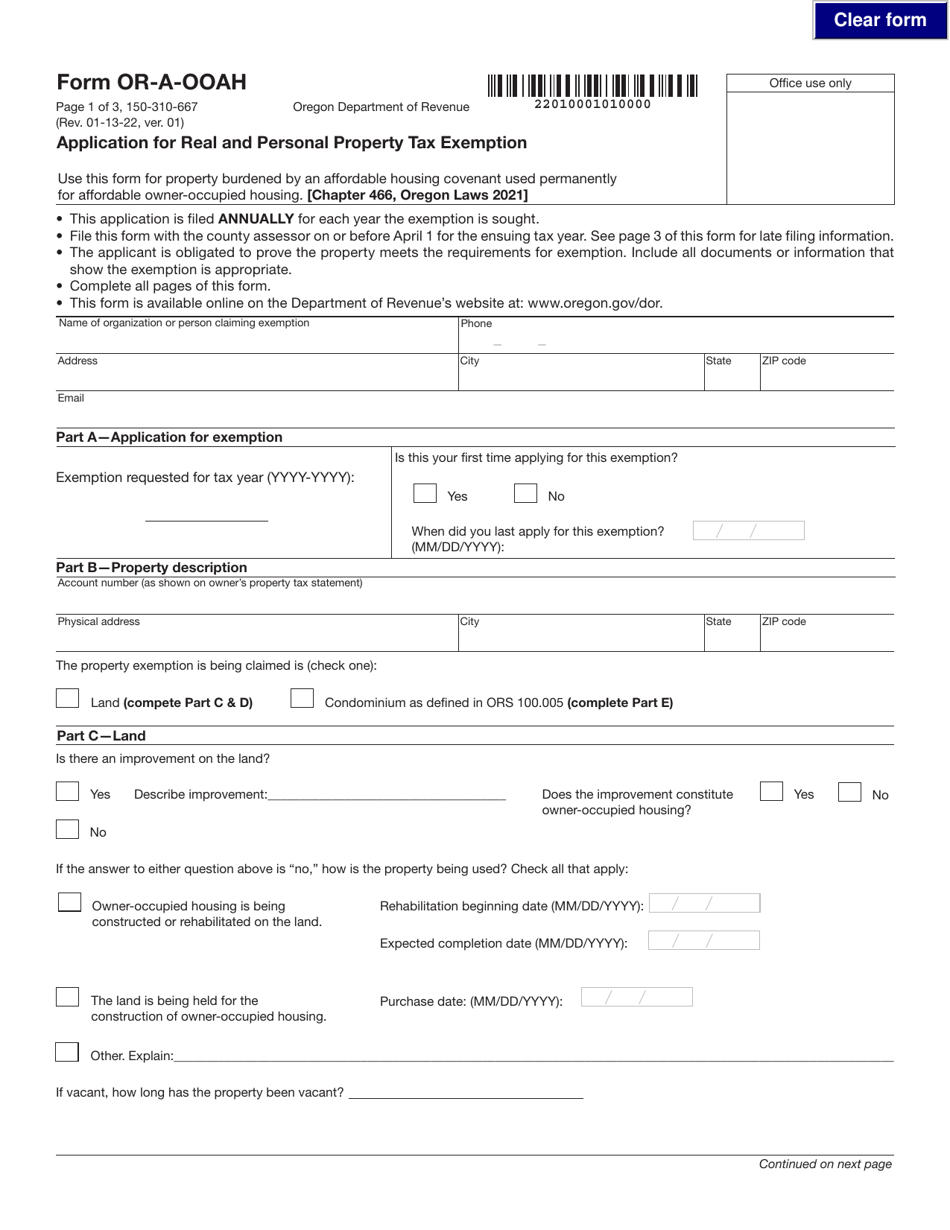 Form OR-A-OOAH (150-310-667) - Fill Out, Sign Online and Download Fillable PDF, Oregon ...