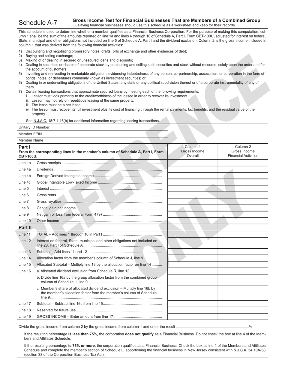 Form CBT-100U Schedule A-7 - Fill Out, Sign Online and Download Printable PDF, New Jersey ...