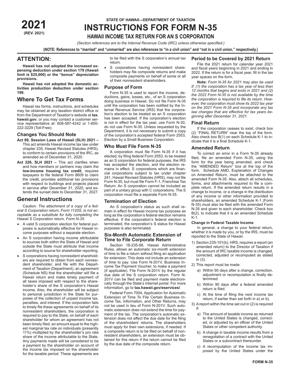 Download Instructions for Form N-35 S Corporation Income Tax Return PDF ...