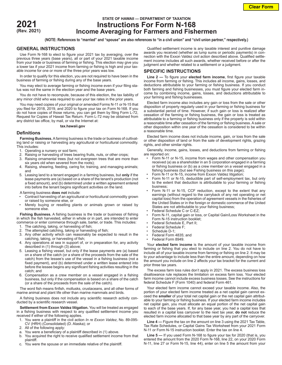 Download Instructions for Form N-168 Income Averaging for Farmers and ...
