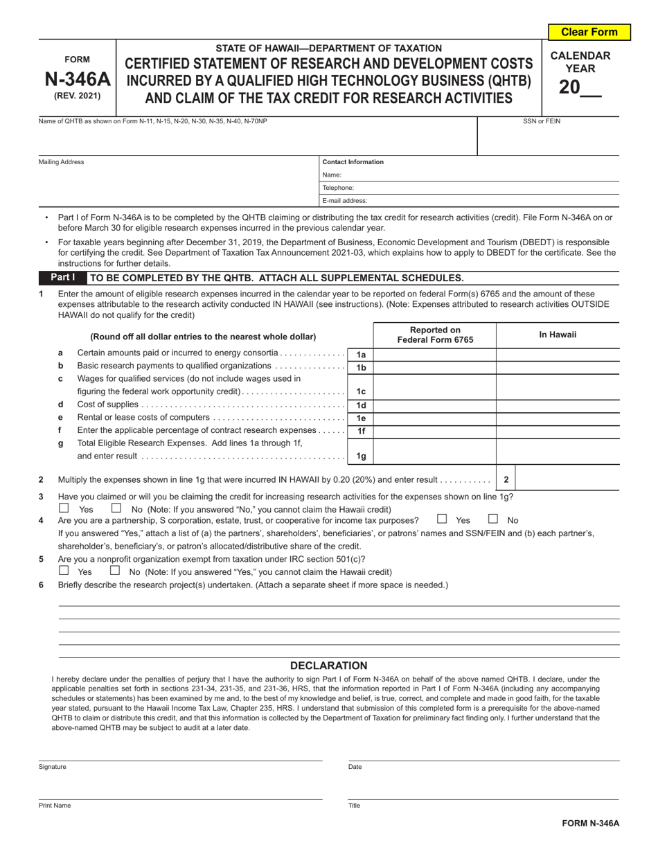 Form N-346A - Fill Out, Sign Online and Download Fillable PDF, Hawaii ...