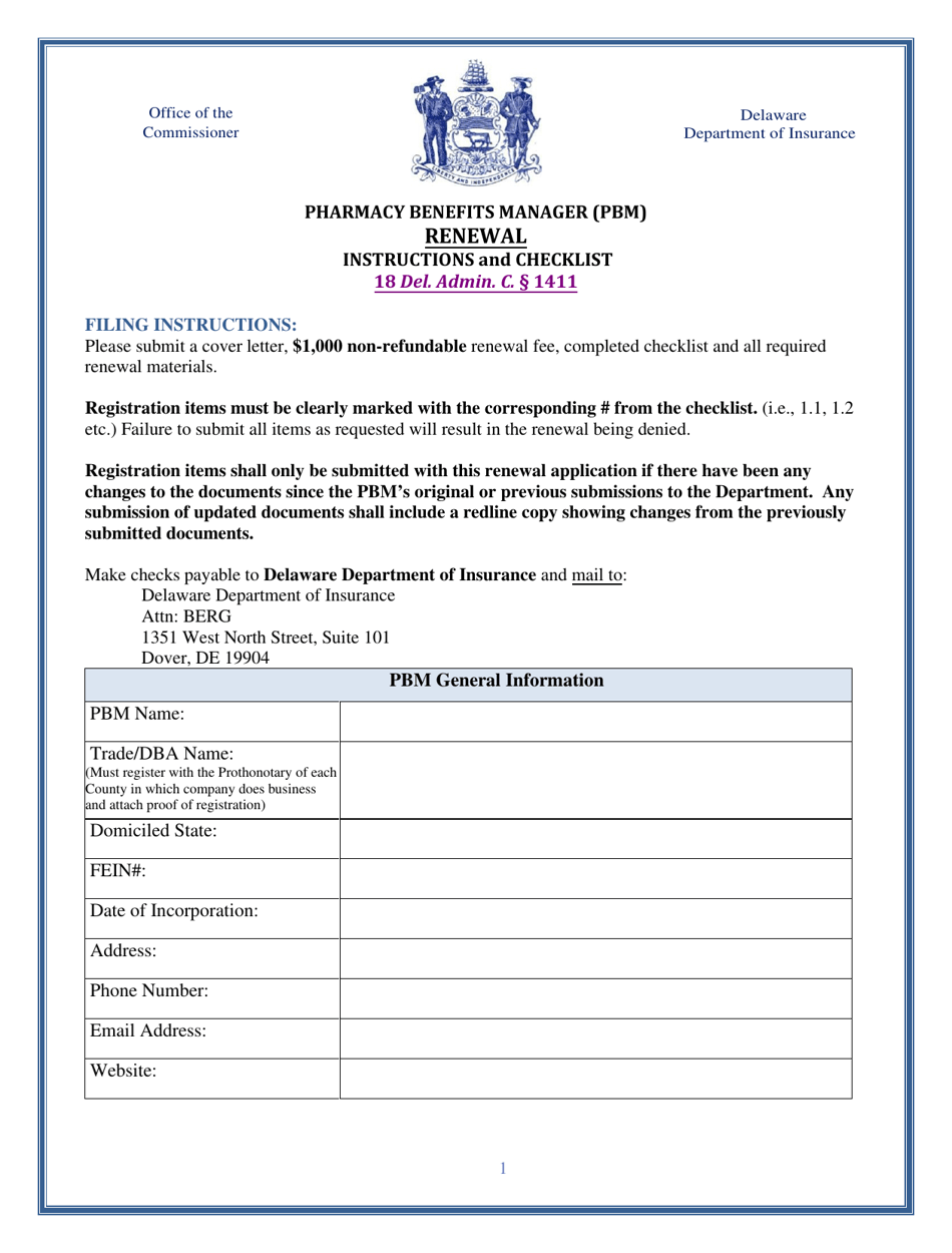 Delaware Pharmacy Benefits Manager (Pbm) Renewal - Fill Out, Sign Online and Download PDF ...