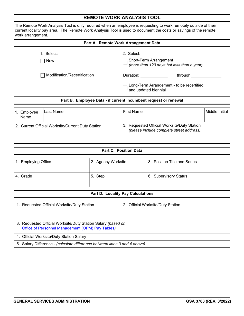 GSA Form 3703 Download Fillable PDF or Fill Online Remote Work Analysis ...