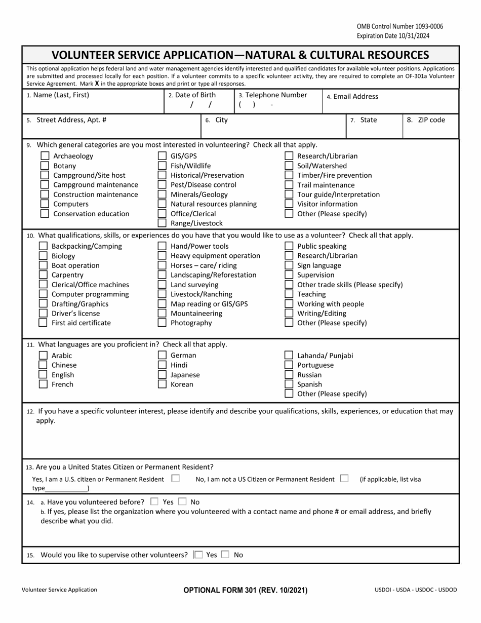 Optional Form 301 Download Fillable PDF or Fill Online Volunteer ...