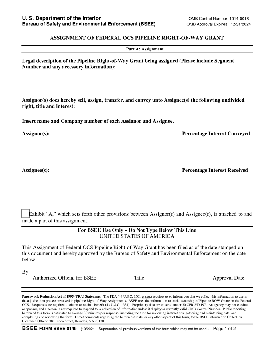 Form BSEE-0149 Download Fillable PDF or Fill Online Assignment of ...