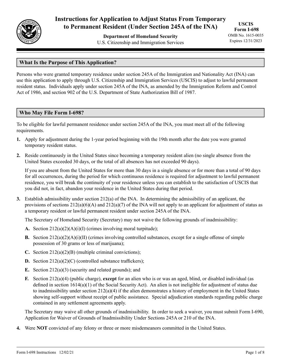 Download Instructions for USCIS Form I-698 Application to Adjust Status ...
