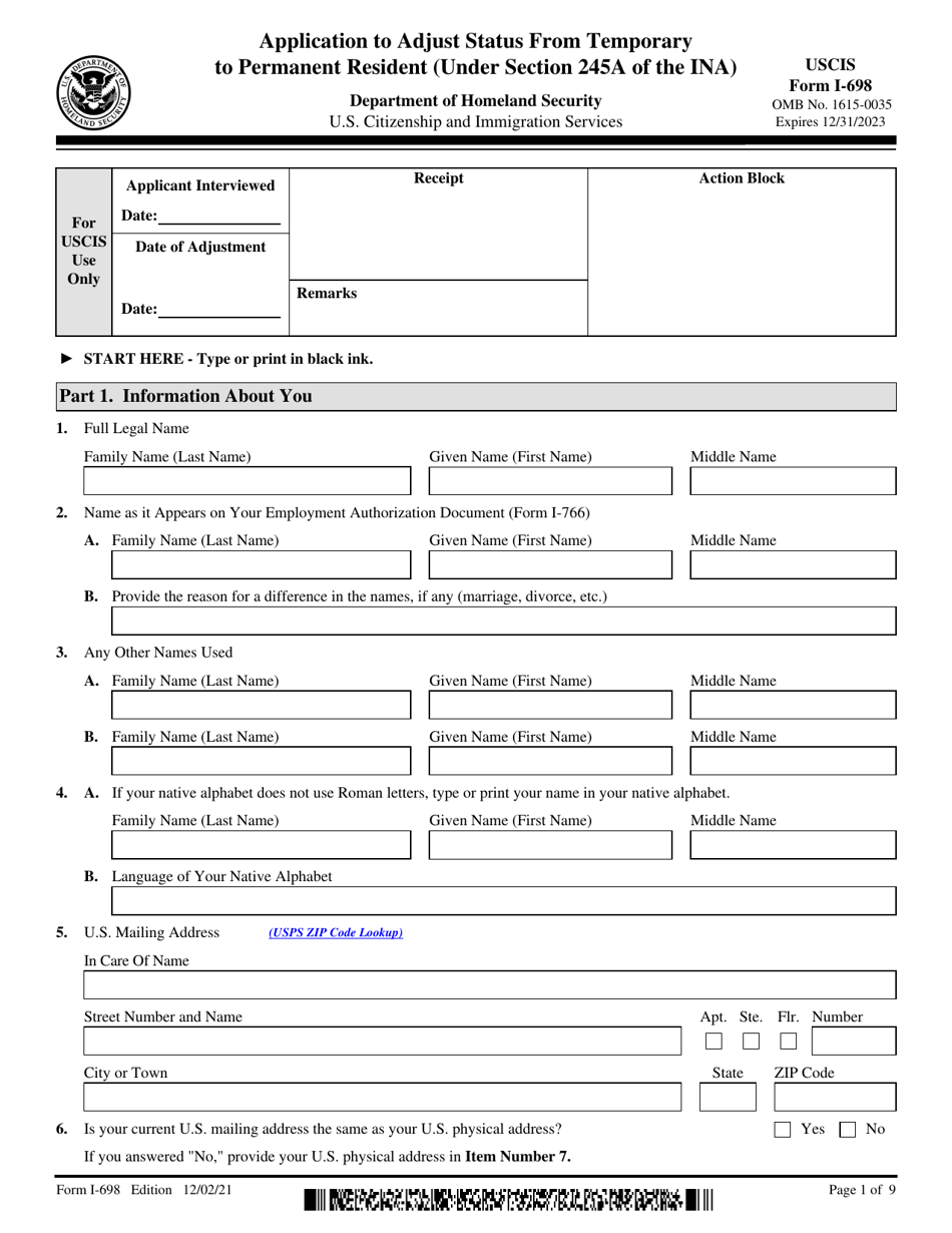 USCIS Form I-698 - Fill Out, Sign Online and Download Fillable PDF | Templateroller