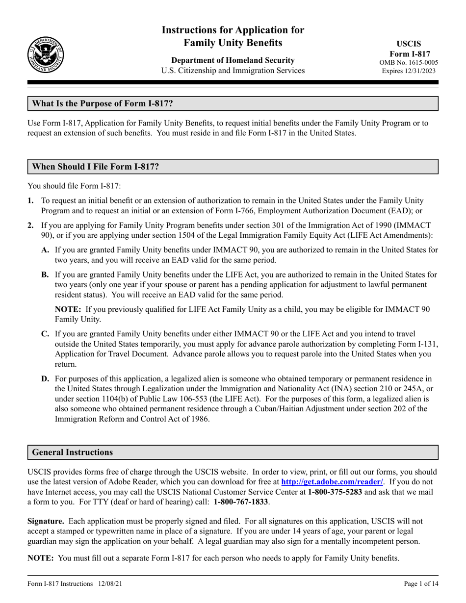 Download Instructions for USCIS Form I-817 Application for Family Unity ...