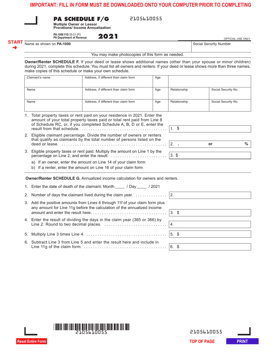 Form PA-1000 Schedule F, G Download Fillable PDF or Fill Online ...