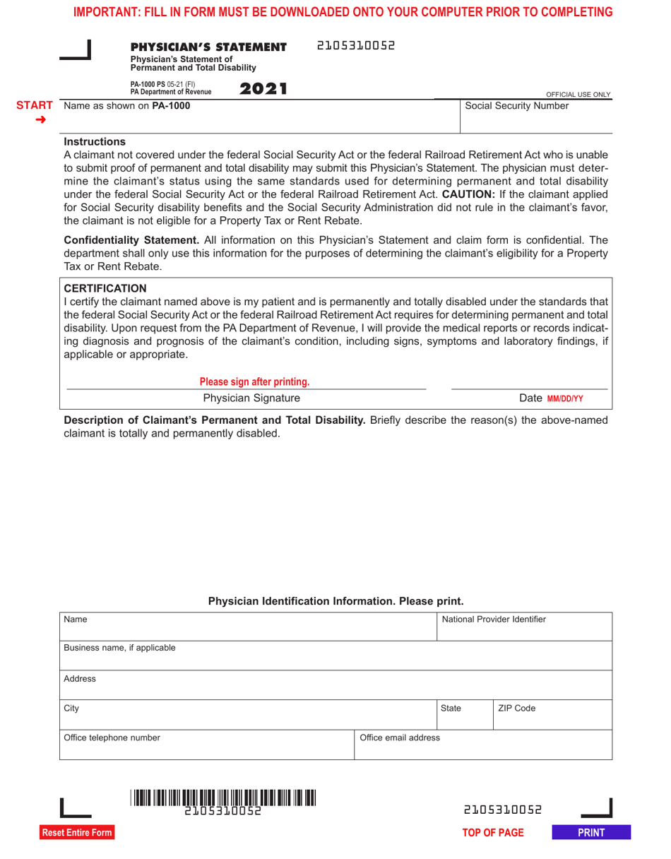Form PA-1000 PS - 2021 - Fill Out, Sign Online and Download Fillable PDF, Pennsylvania ...