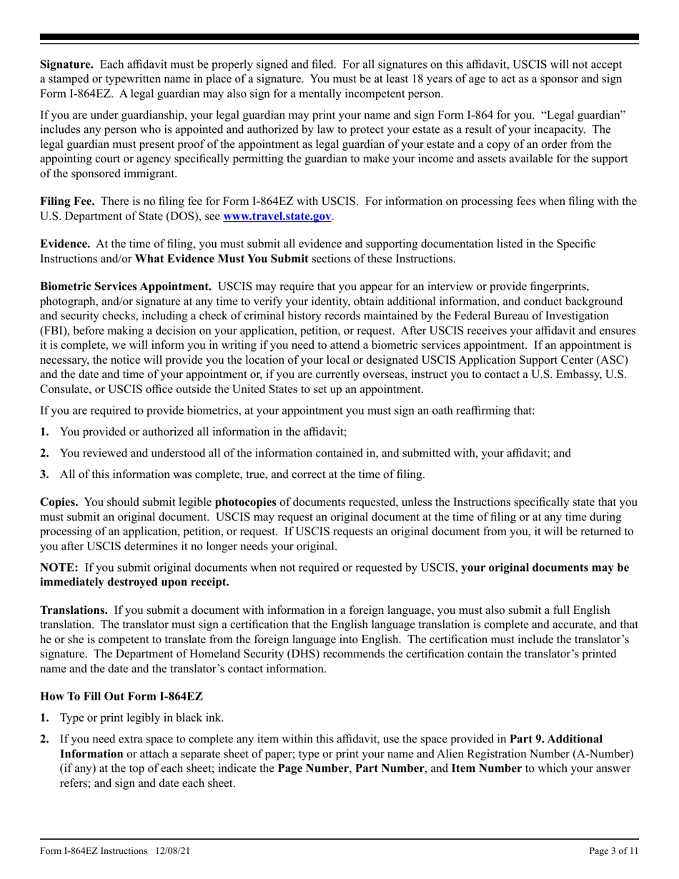Download Instructions for USCIS Form I-864EZ Affidavit of Support Under ...