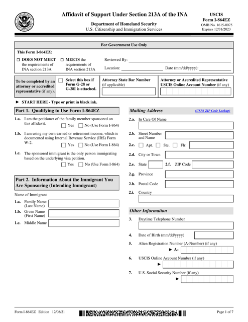 USCIS Form I-864EZ Download Fillable PDF or Fill Online Affidavit of ...