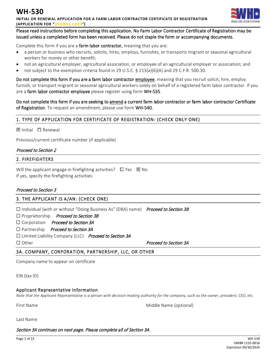 Form WH-530 Download Fillable PDF or Fill Online Initial or Renewal ...