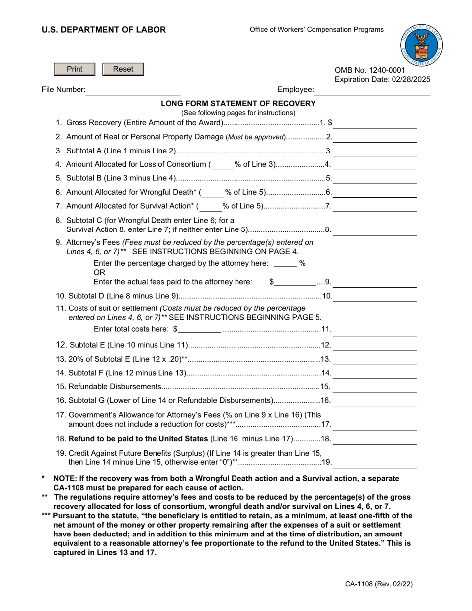Form CA-1108 - Fill Out, Sign Online and Download Fillable PDF ...