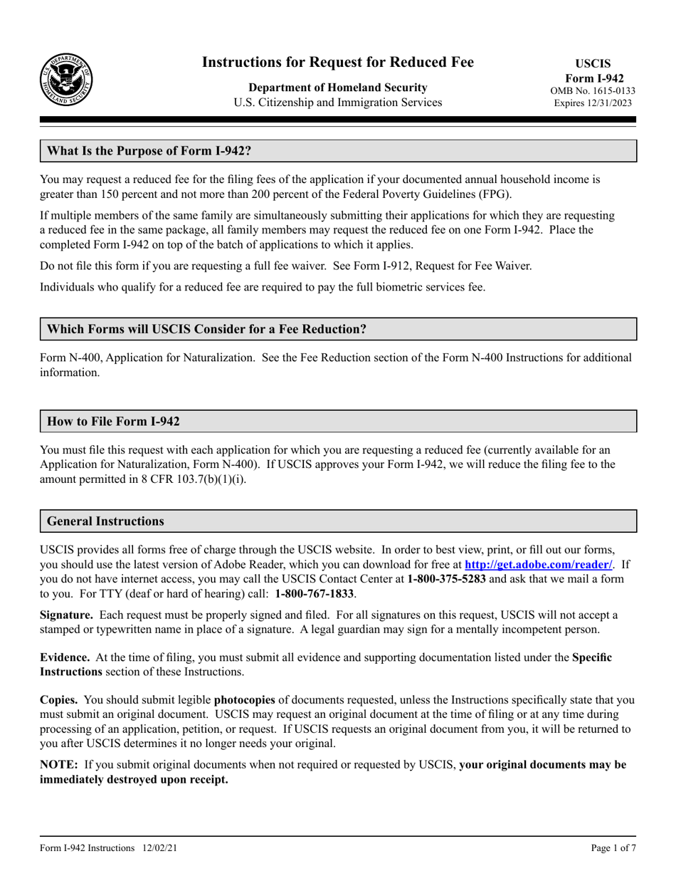 Download Instructions for USCIS Form I-942 Request for Reduced Fee PDF ...