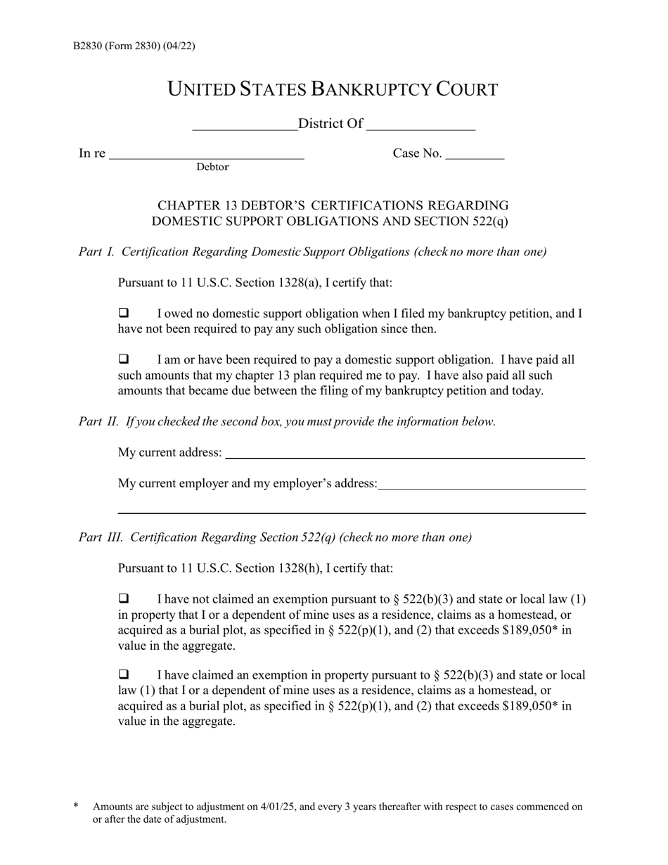 Form B2830 Download Printable PDF or Fill Online Chapter 13 Debtor's Certifications Regarding ...