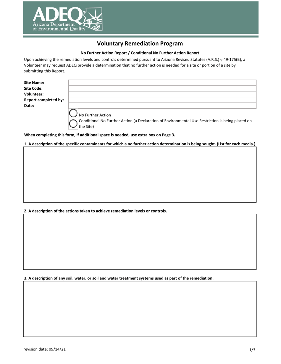 Arizona No Further Action Report/Conditional No Further Action Report ...