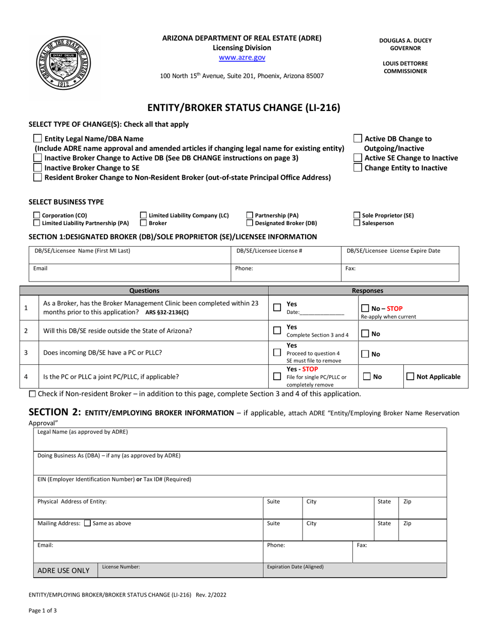 Form LI-216 - Fill Out, Sign Online and Download Fillable PDF, Arizona ...