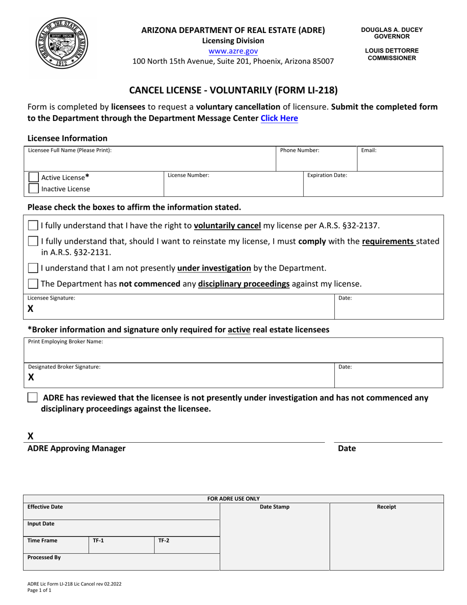 Form LI-218 - Fill Out, Sign Online and Download Fillable PDF, Arizona ...